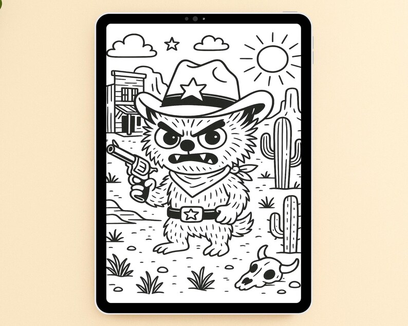 Labubu Inspired Cowboy Coloring Page – Wild West Cute Monster Desert ...