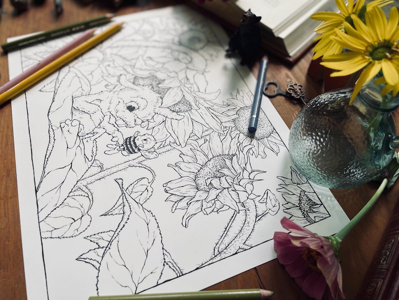 Coloring Page Download - Sunflower Creature and Bee - Etsy
