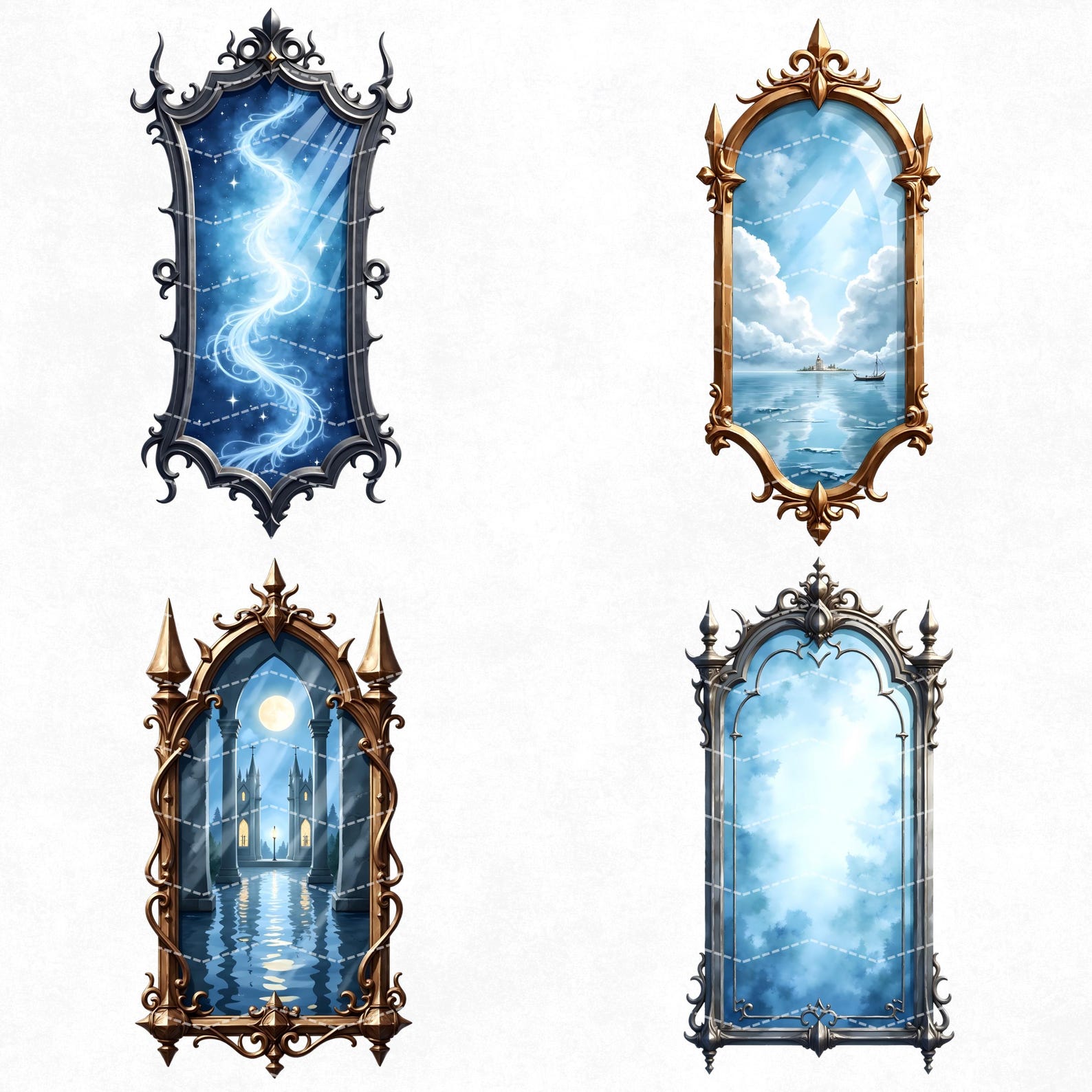 Magic Mirrors Clipart Set, Enchanted and Mystic Mirror Watercolor Pngs ...