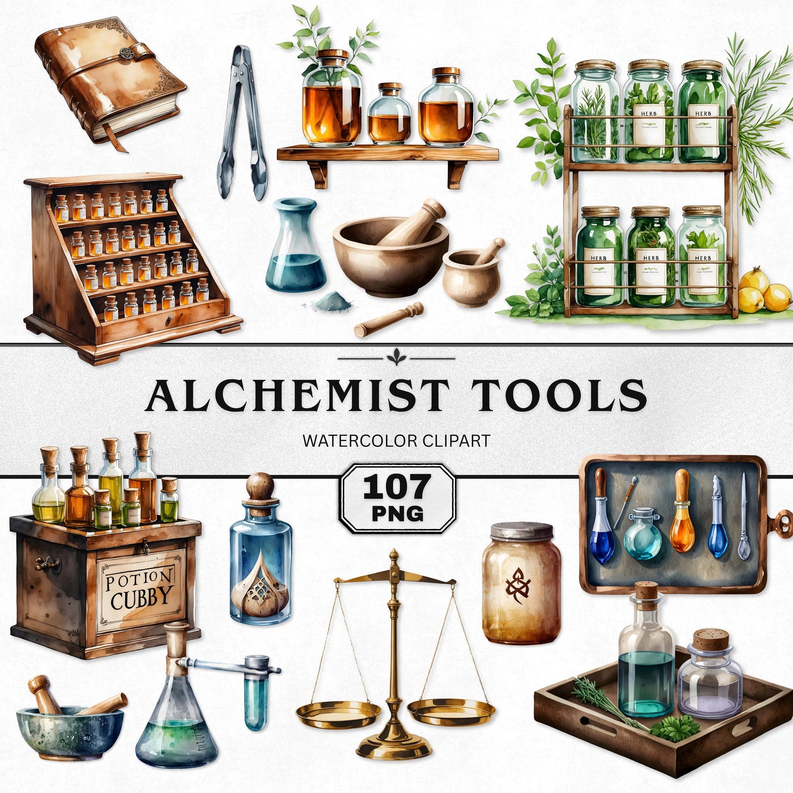Alchemist Tools Clipart Set, Arcane Alchemy Watercolor Pngs, Potion ...