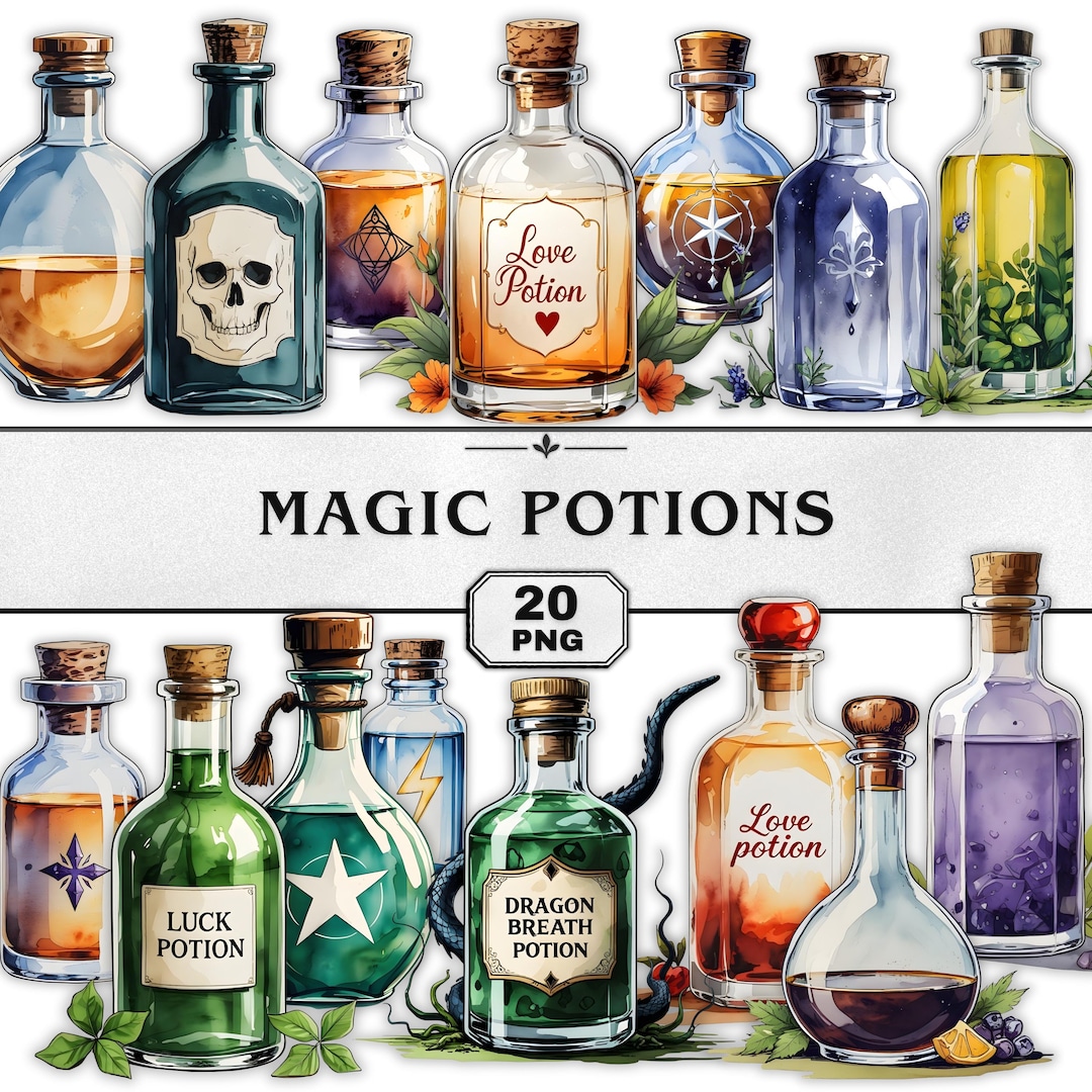 Magic Potion Bottles Clipart Set, Crystal Potion Watercolor Pngs ...