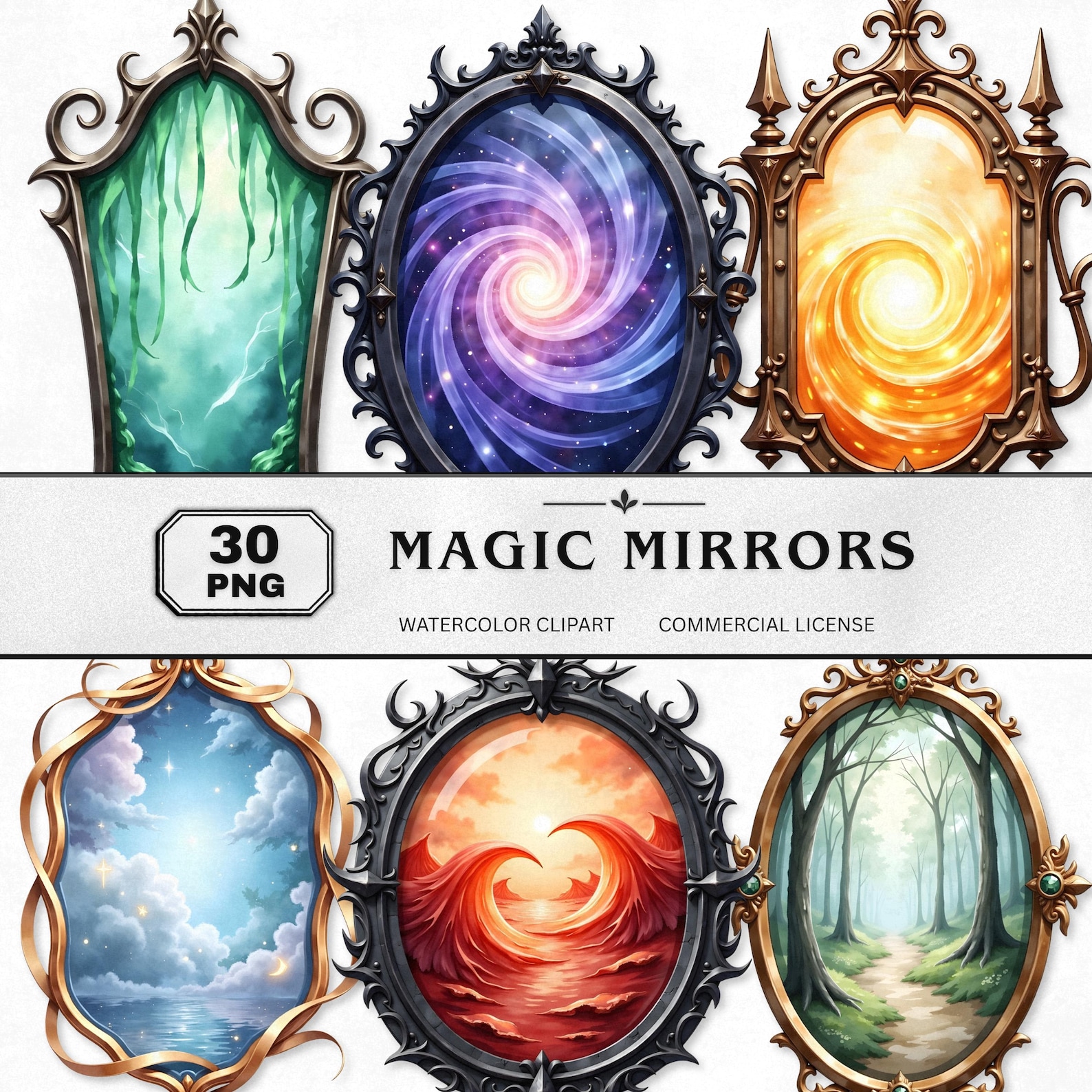 Magic Mirrors Clipart Set, Enchanted and Mystic Mirror Watercolor Pngs ...