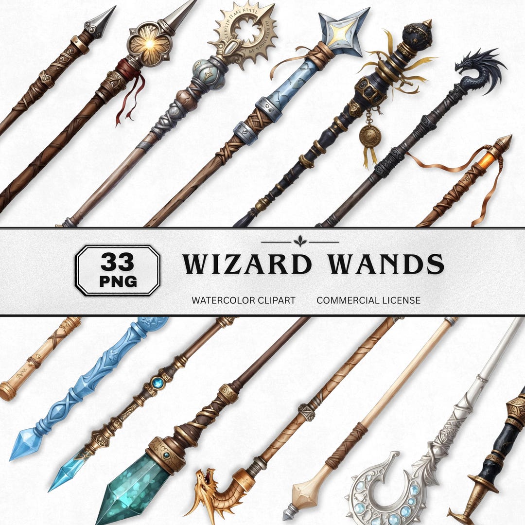 Wizard Wands Clipart Set, Magic Wand and Enchanted Wand Watercolor Pngs ...