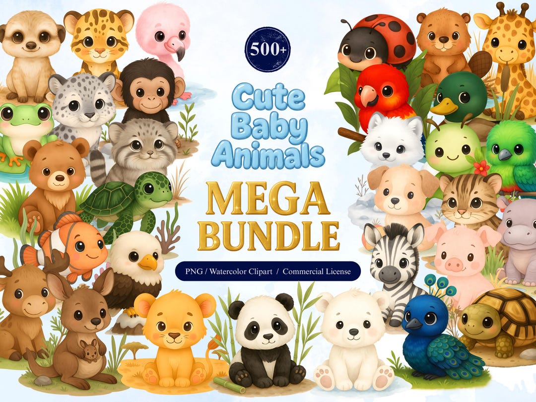 Cute Baby Animals Bundle, Baby Animal Characters Clipart PNG Set ...