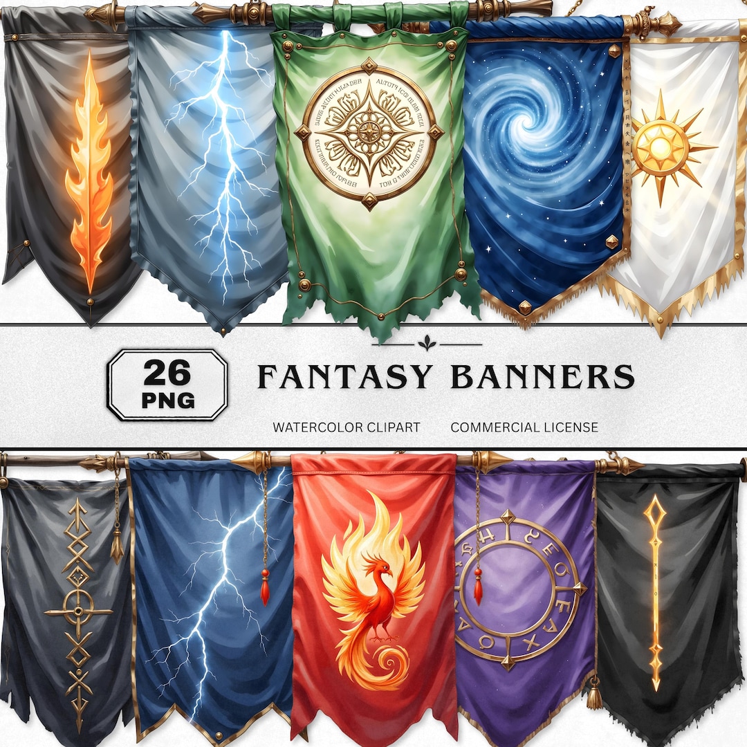 Fantasy Banner Clipart Set, Magic Banner and Arcane Flag Watercolor ...