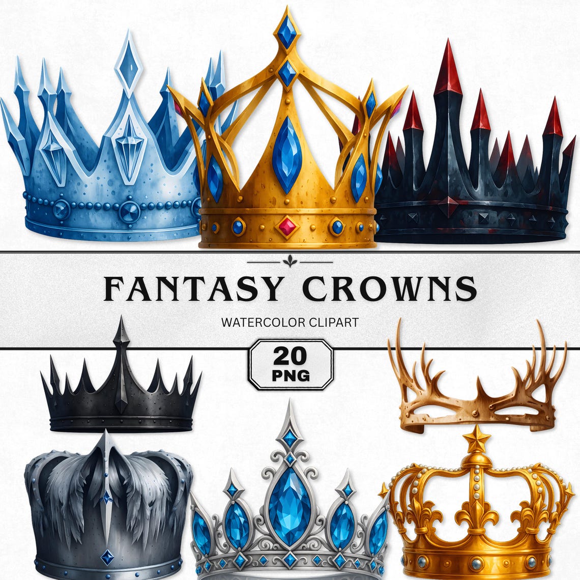 Fantasy Crowns Clipart Set, Magic Crown and Enchanted Crown Watercolor ...