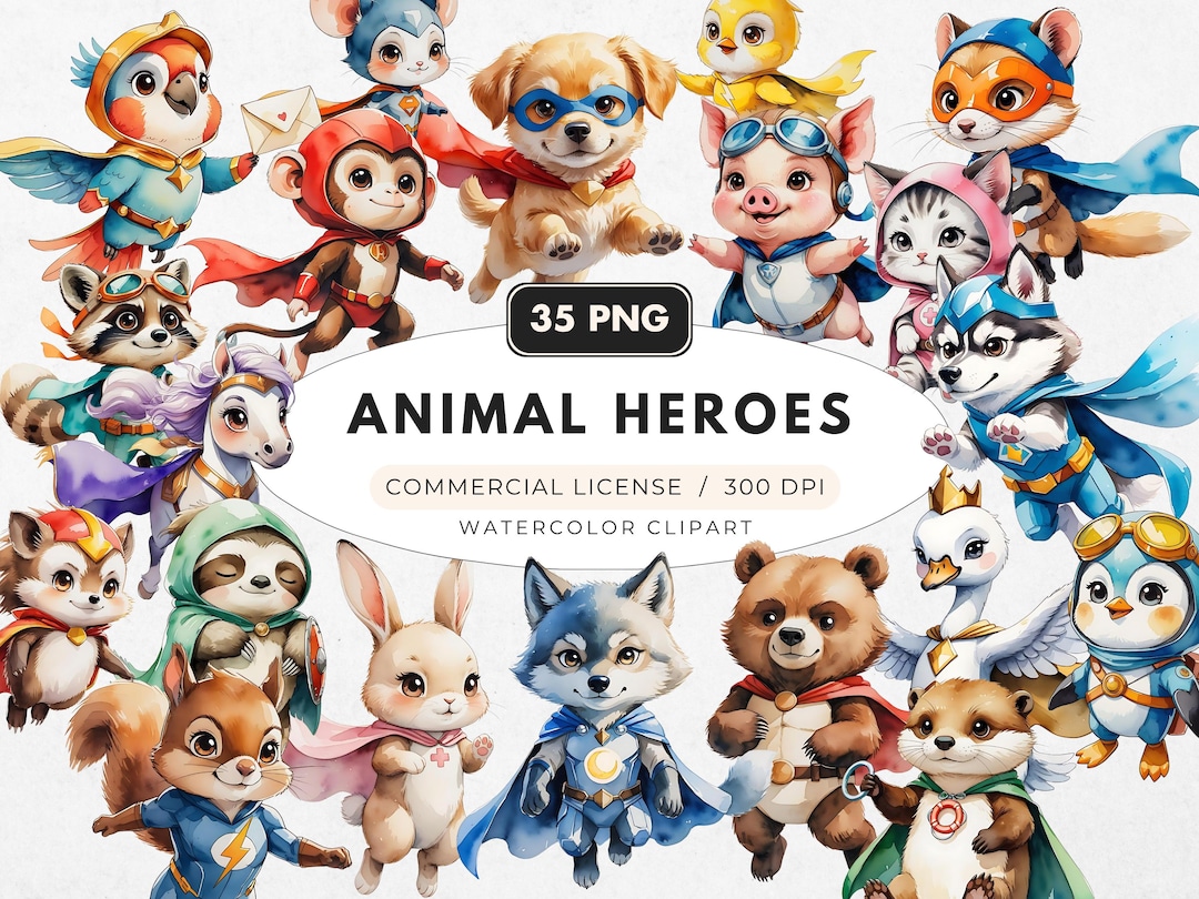 Animal Heroes Clipart Pack, Cute Animal Superheroes PNG Set, Watercolor ...