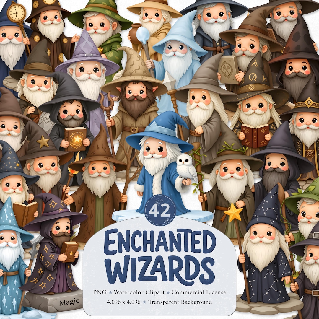 Enchanted Wizards Clipart Set, Cute Wizards Watercolor Pngs, Wizard ...