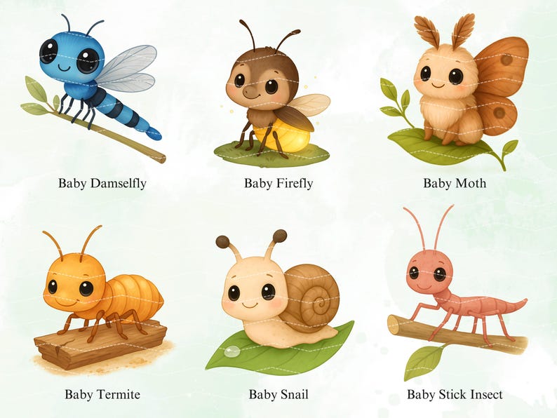 Tiny Critters Clipart, Baby Animal PNG Bundle, Cute Butterfly Bee Snail ...