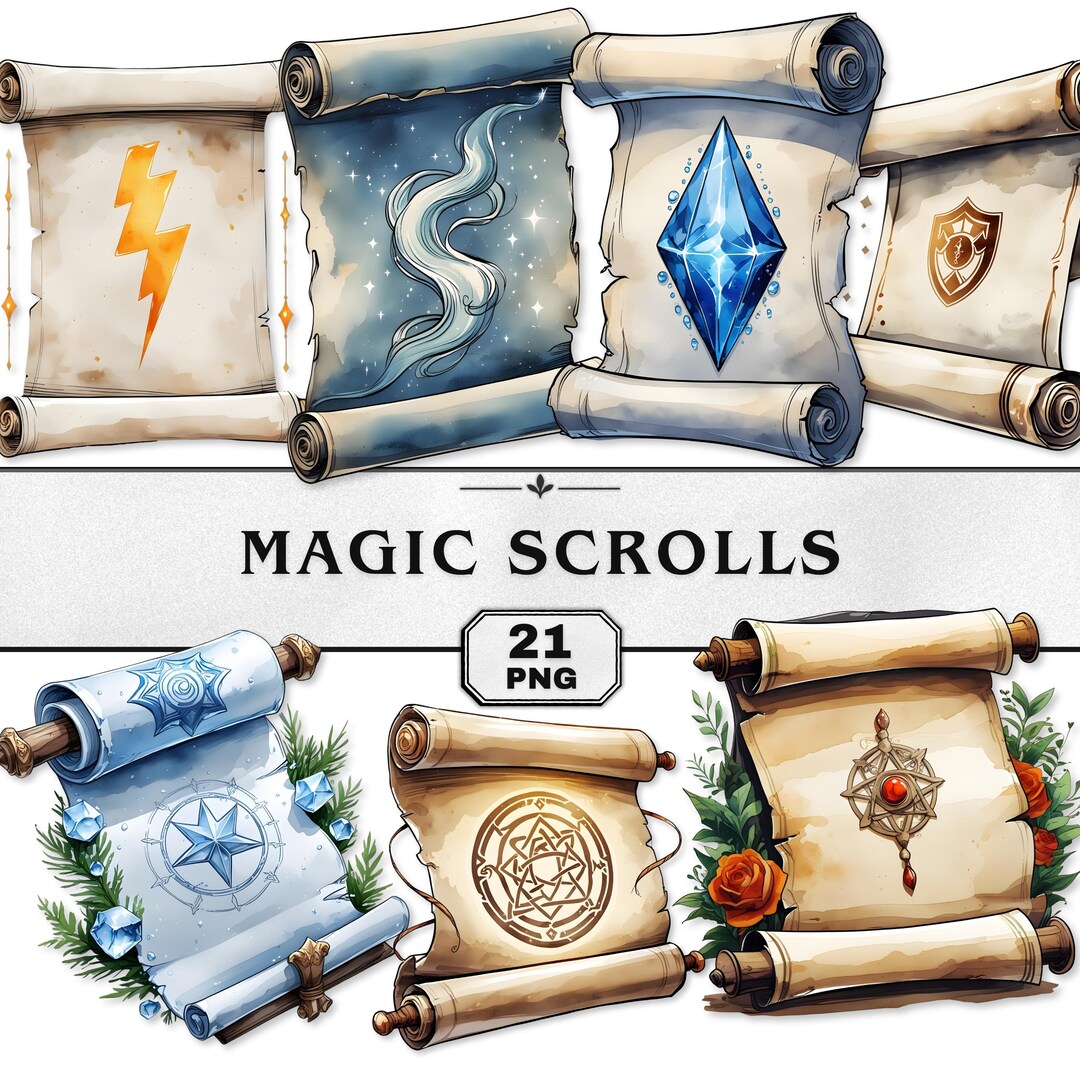 Magic Scrolls Clipart Set, Watercolor Fantasy Scroll Pngs, Spell Script ...