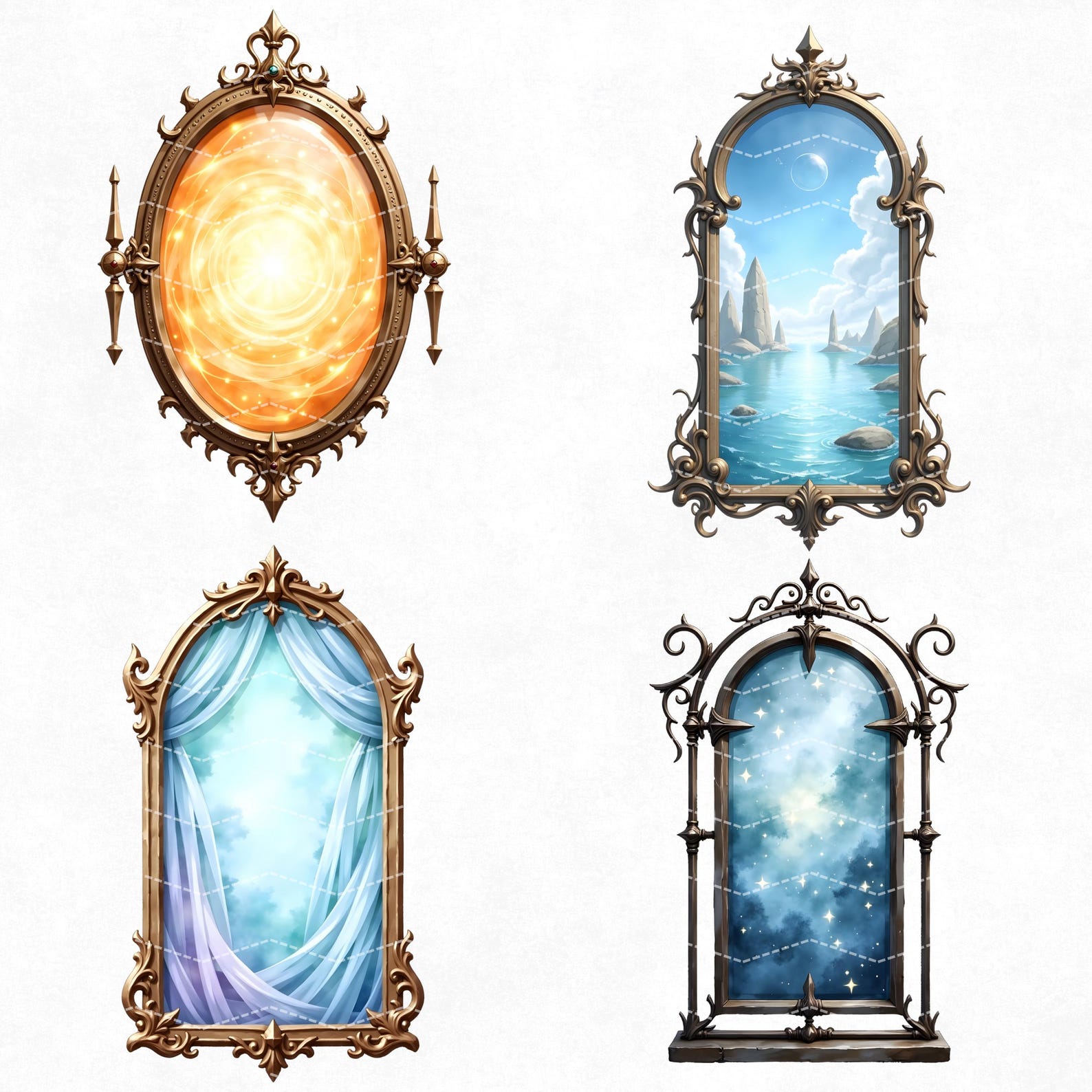 Magic Mirrors Clipart Set, Enchanted and Mystic Mirror Watercolor Pngs ...