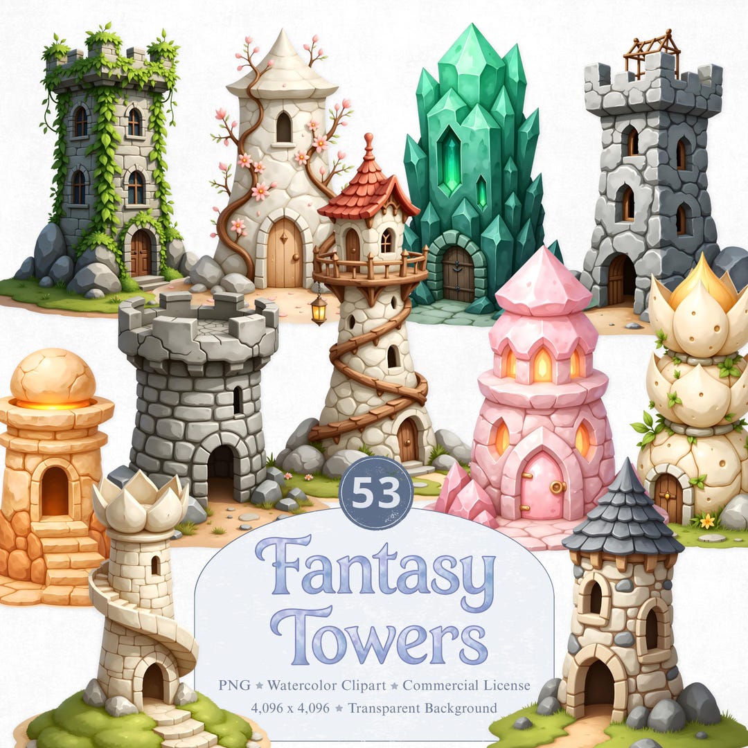 Fantasy Towers Clipart, Magical Building and Floral Tower Design ...