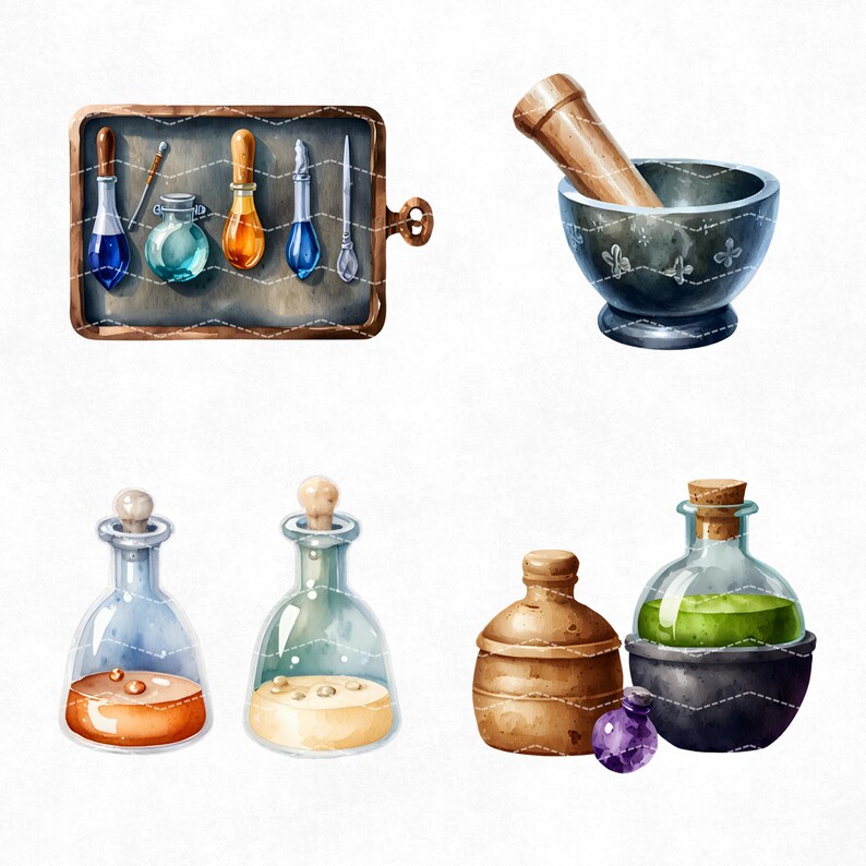 Alchemist Tools Clipart Set, Arcane Alchemy Watercolor Pngs, Potion ...