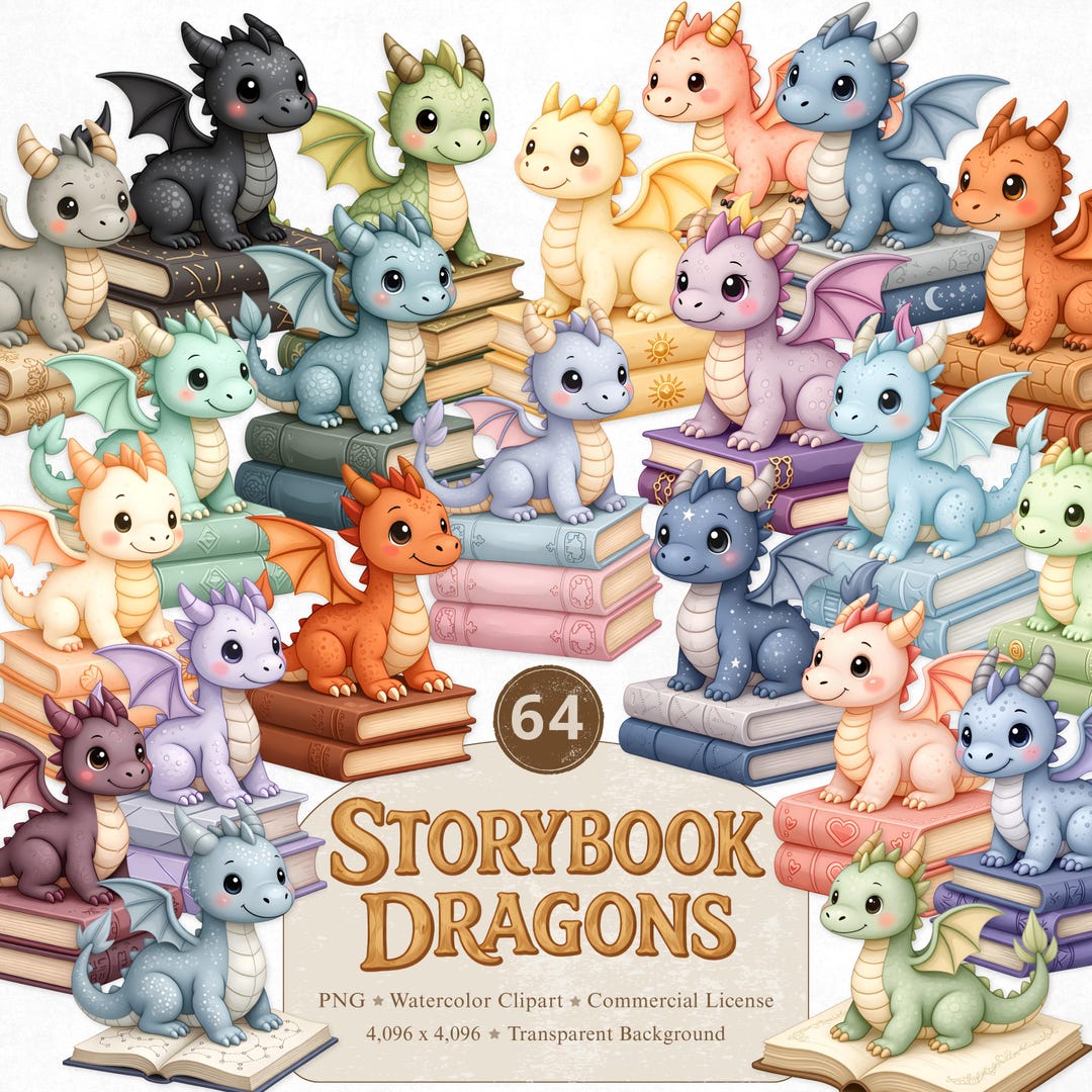 Storybook Dragons Clipart Set, Bookish Dragons Reading Books Watercolor ...
