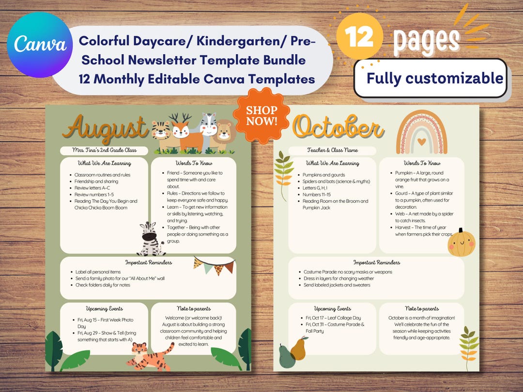 Editable Preschool Newsletter Template Bundle: 12-month Canva Design ...