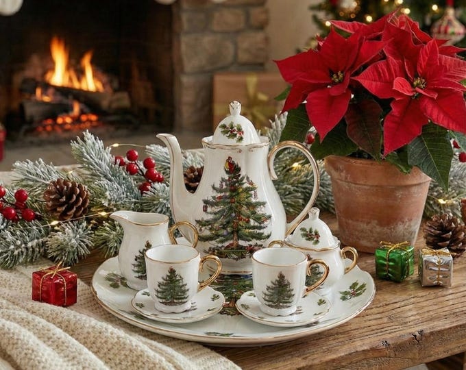 Miniature Vintage Porcelain Christmas Tree Tea Set – 10-piece Holiday ...