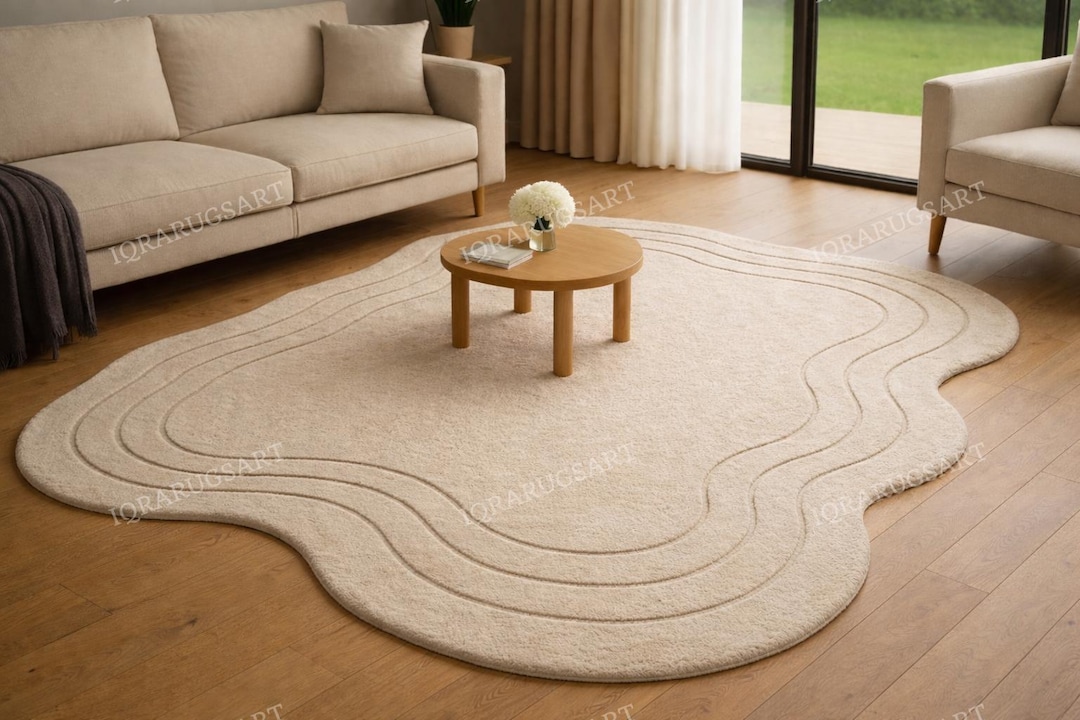 Modern Irregular Shaped Area Rug, Minimalist Neutral Beige Wool Look ...