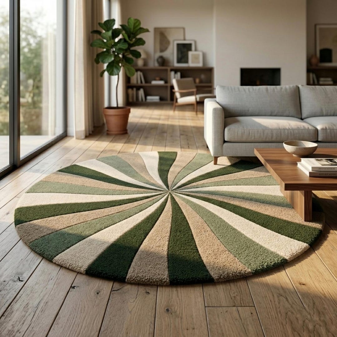 Green Round Rug, Sunburst Pattern Rug, Modern Area Rug, Hand Tufted ...