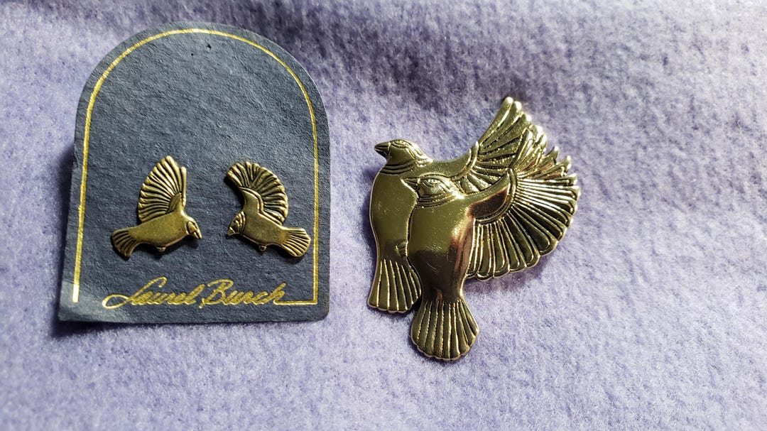 Vintage Laurel Burch Bird Earrings & Pin Set: 1980s Boho Gold Tone - Etsy