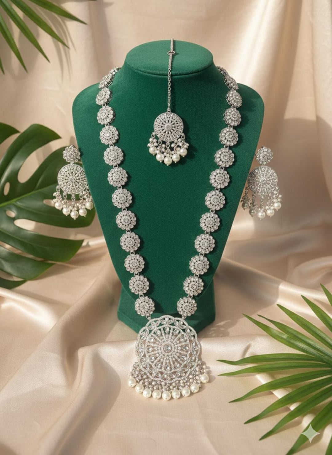 White Silver Stone Jewelry Set With Necklace, Earrings, Maang Tikka ...