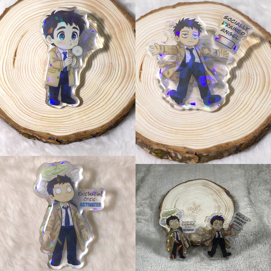 Chibi Castiel Acrylic Pins | Supernatural 2.5" Holographic Epoxy Pins ...