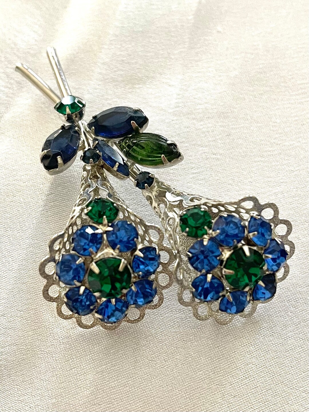 Vintage Blue and Green Double Flower Brooch - Etsy