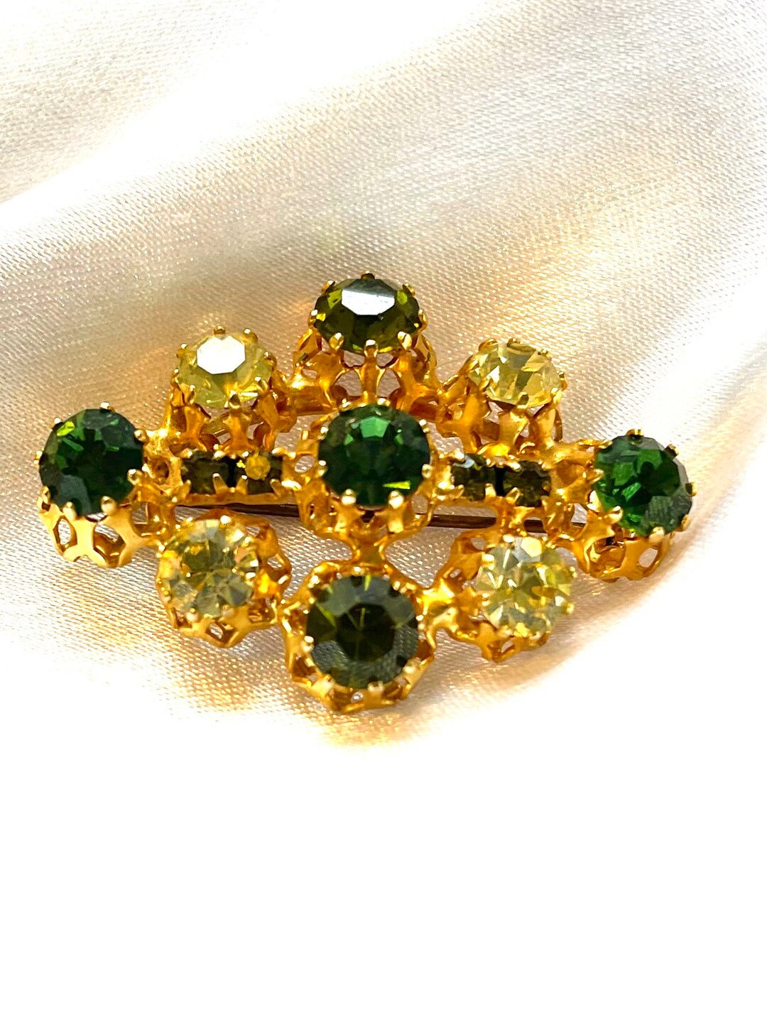 Vintage Austrian Signed Green Shades Crystal and Gold Tone Brooch - Etsy