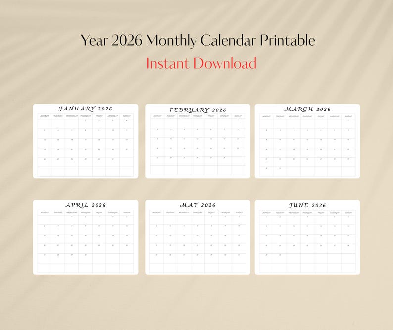 2026 Calendar Landscape Printable | Minimalist Monthly Wall & Desk ...