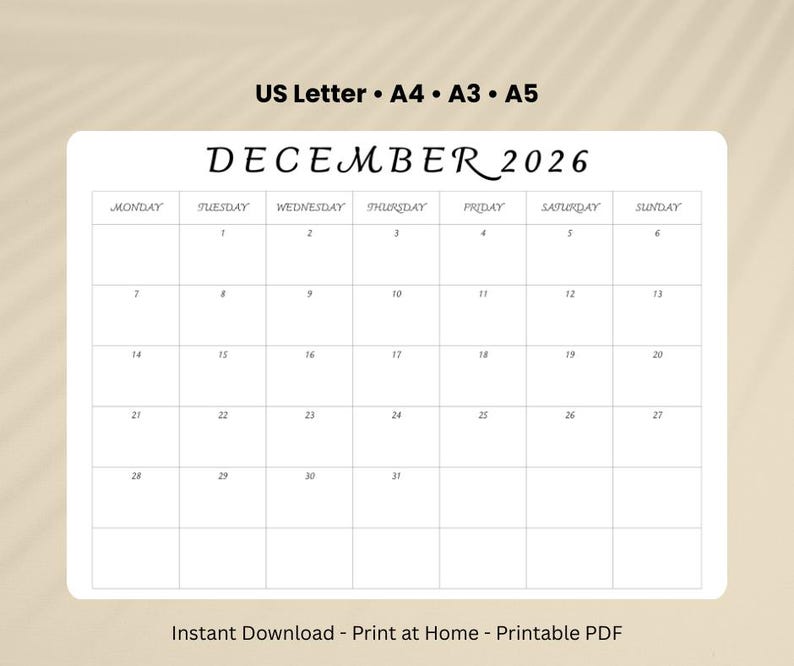 2026 Calendar Landscape Printable | Minimalist Monthly Wall & Desk ...