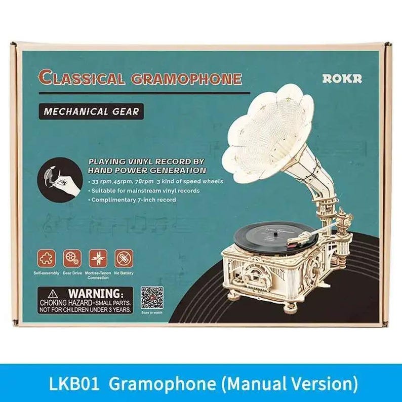 3D Wooden Gramophone Puzzle Kit – ROKR DIY Classic (hand Rotating ...