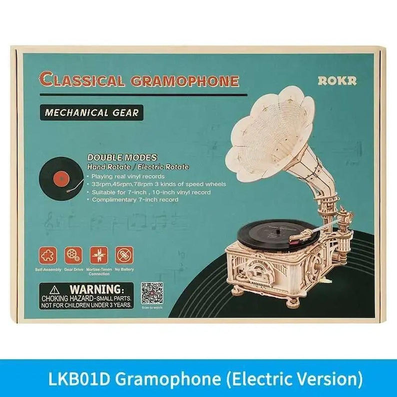 3D Wooden Gramophone Puzzle Kit – ROKR DIY Classic (hand Rotating ...