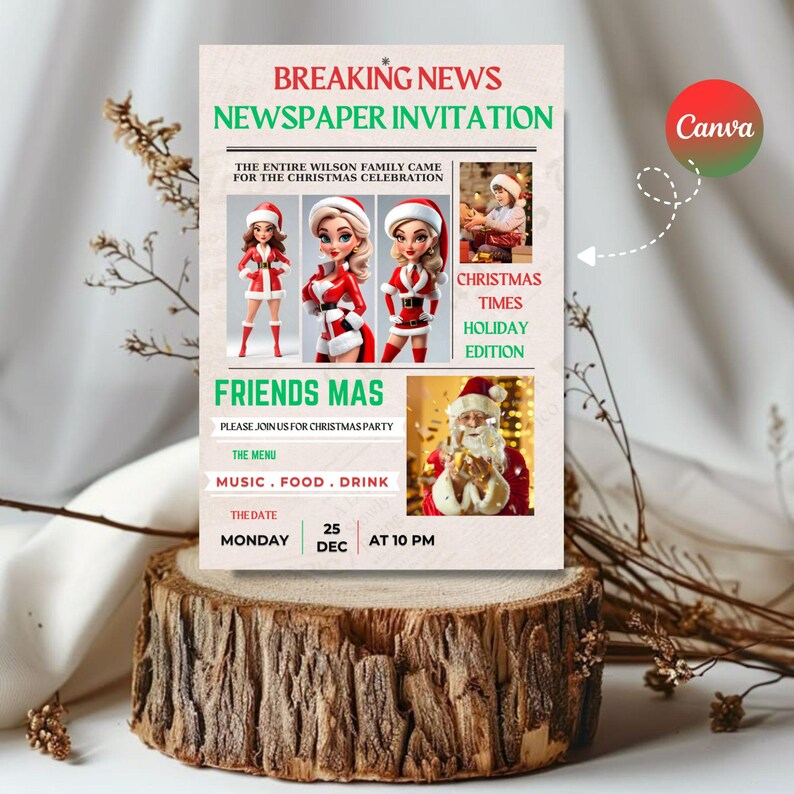Funny Christmas Newspaper Invitation, Holiday Party Invite, Friendsmas ...
