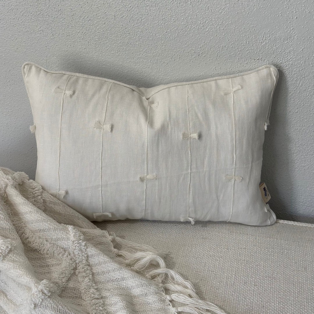 White Linen Pillow Cover With Tiny Bow Accents, 12x18 - Neutral Home ...
