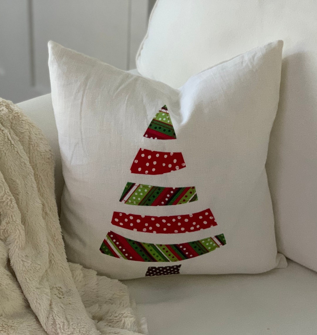 Christmas Pillow Cover With Whimsical Tree Appliqué, Traditional Colors ...