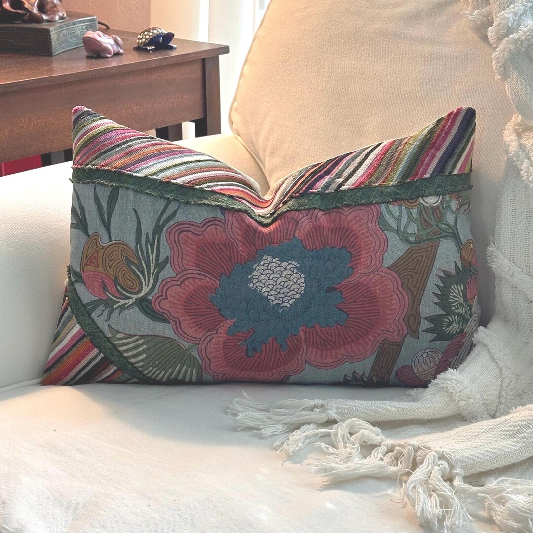 Thibaut Indienne Jacobean Linen Pillow Cover, Raspberry and Teal Boho ...