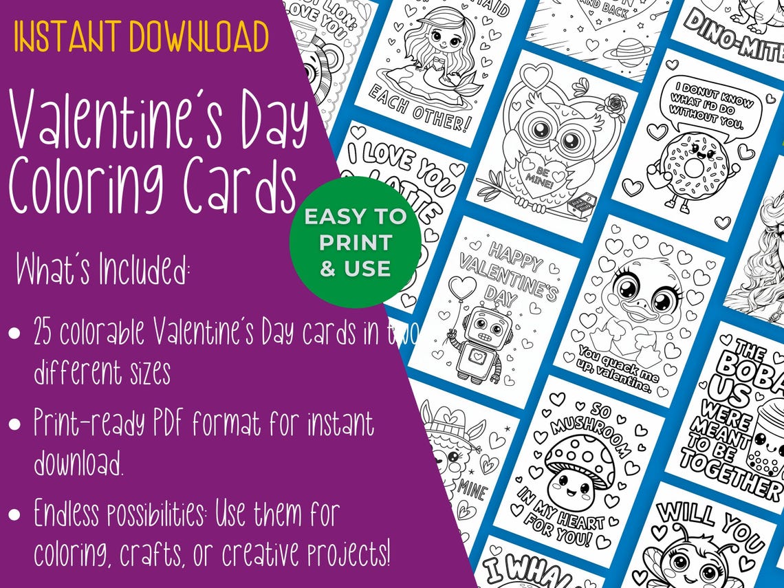 25 Colorable Valentine Card Printables in 2 Sizes - Etsy