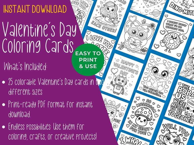 25 Colorable Valentine Card Printables in 2 Sizes - Etsy