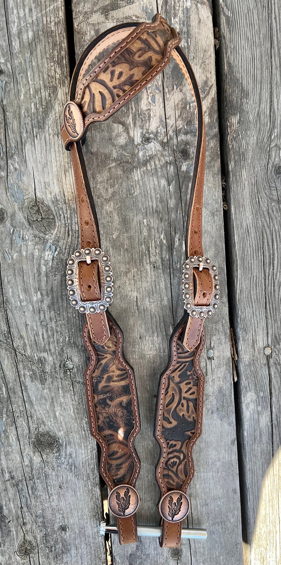 Handmade Leather Horse Headstall. Brown Floral Emobossed Inlay. Copper ...