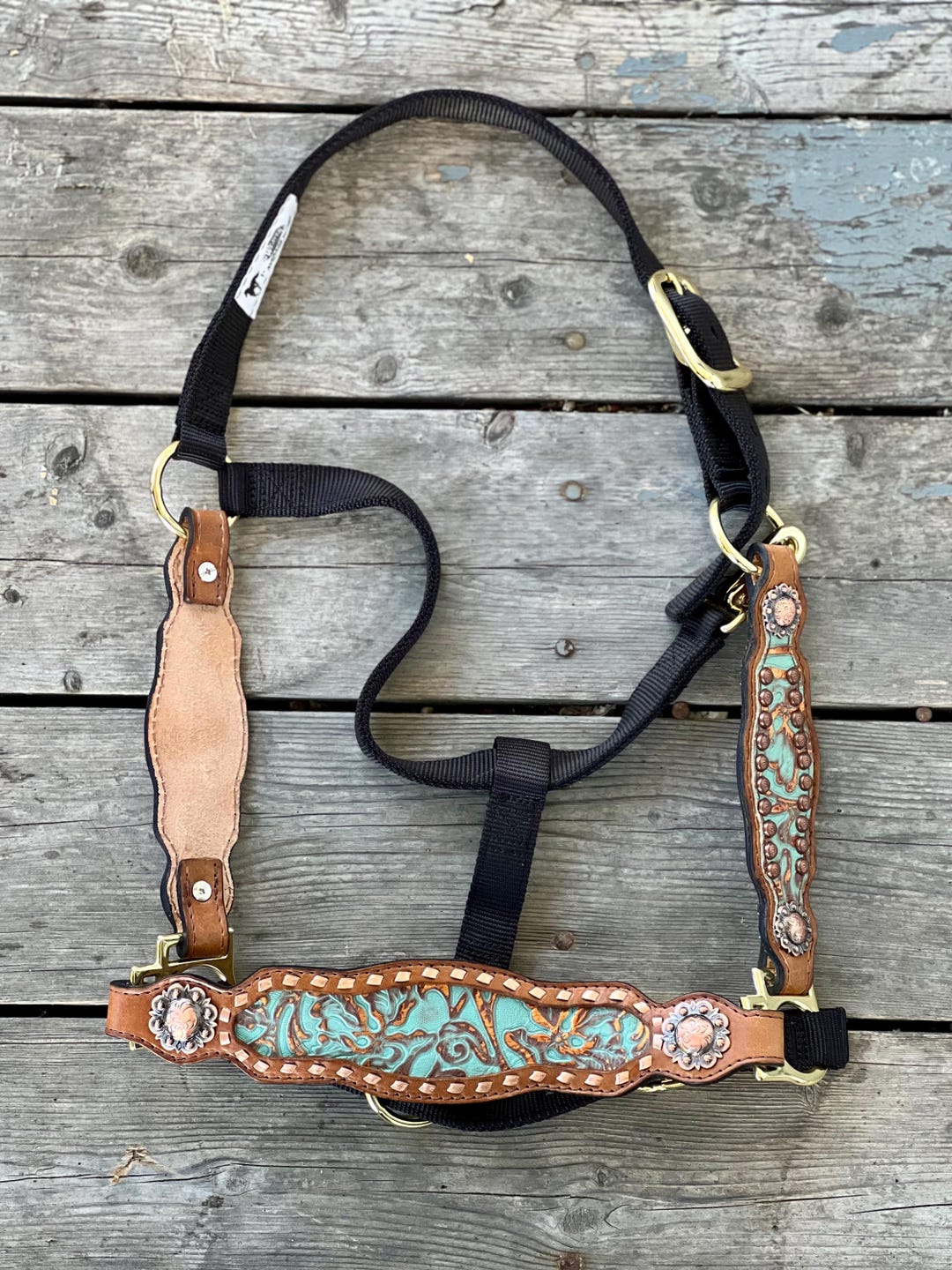 Leather Halter, 3-piece Leather Nose and Cheeks Premium Nylon Horse Halter With Custom Conchos ...