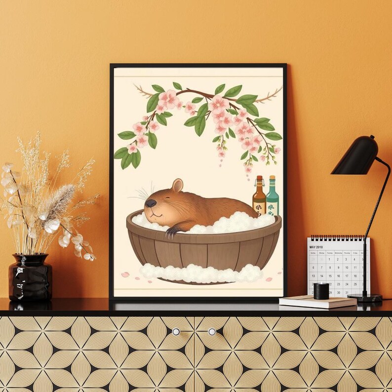 Capybara Hot Spring Bath Art Print: Cherry Blossom Animal Illustration ...