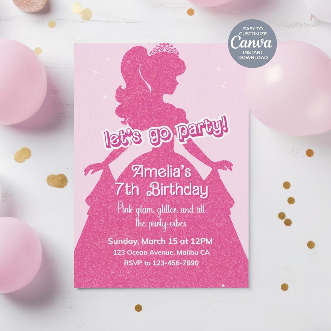 Pink Princess Birthday Invitation | Glitter Barbie Party, Editable ...