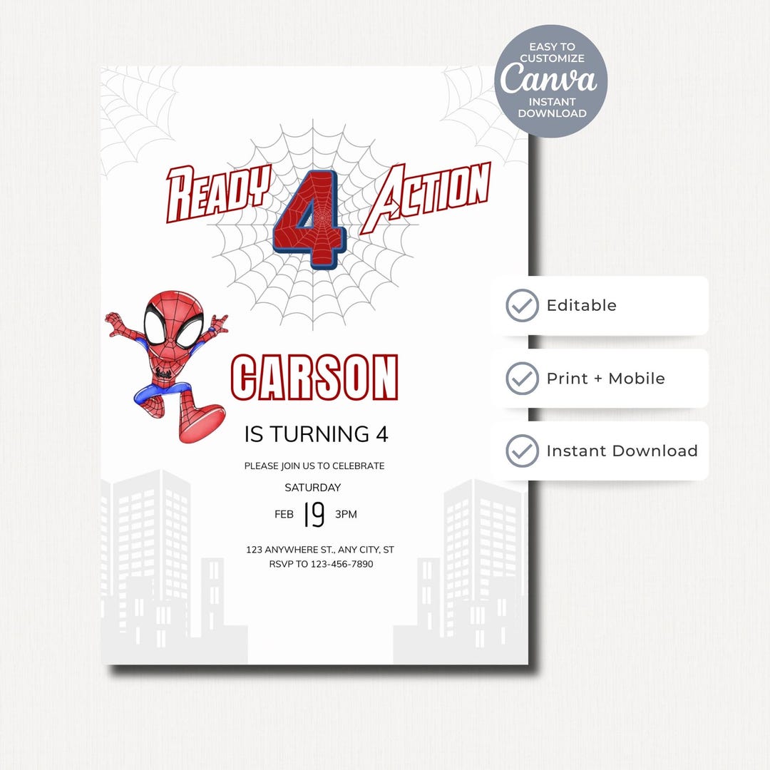 Spidey Birthday Invitation, Ready Four Action, 4th Birthday Invite ...