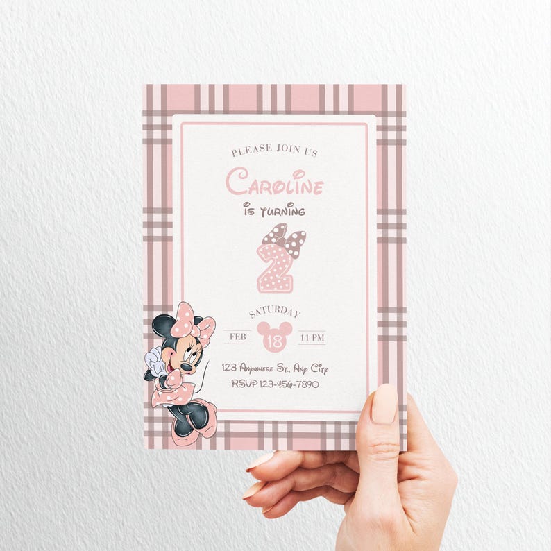 Minnie Mouse Birthday Invitation, Burberry Pink Plaid, Editable Canva ...