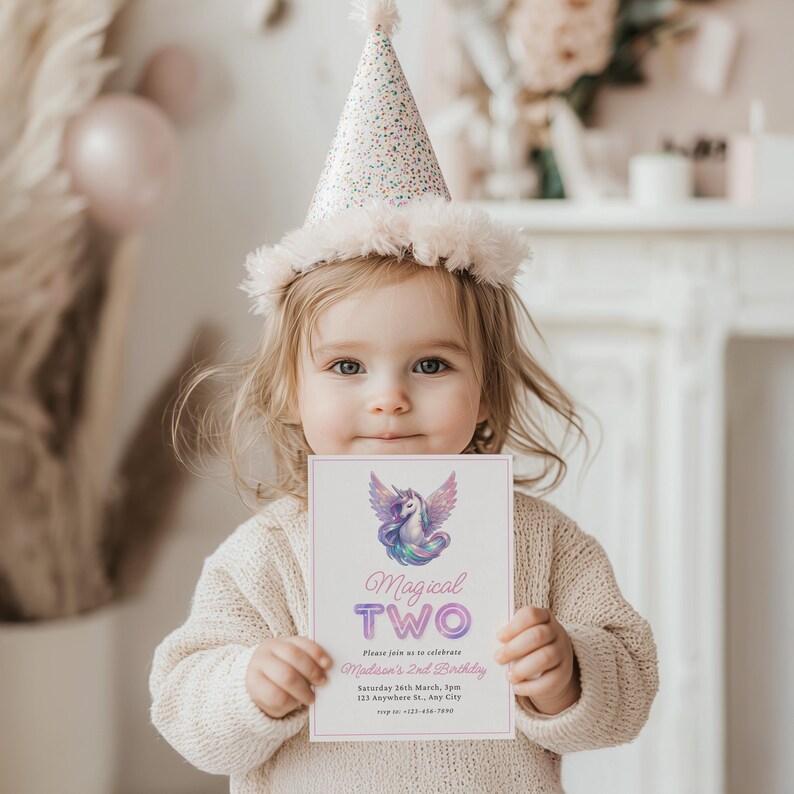Girls Second Birthday Invitation, 2nd Magical Two Party Invite, Pink ...