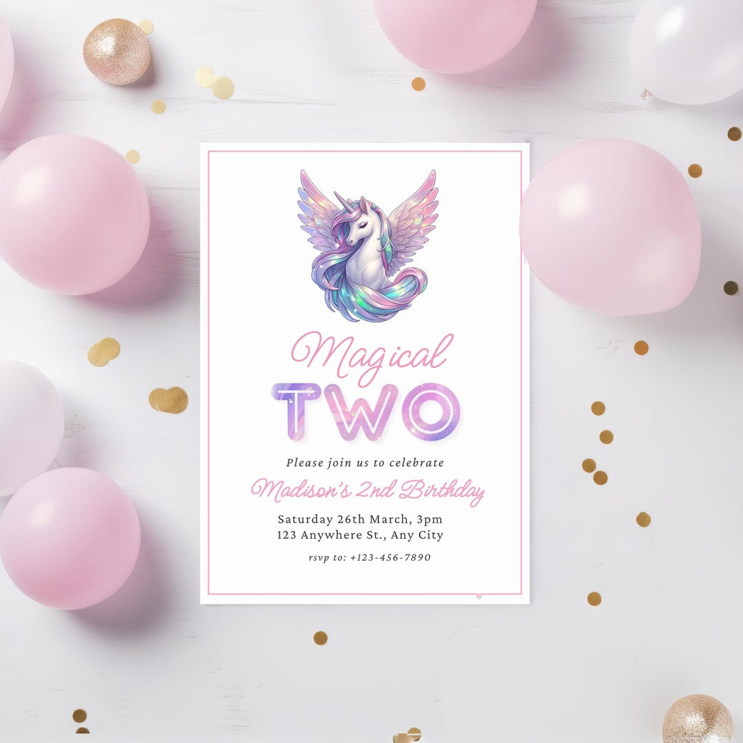 Girls Second Birthday Invitation, 2nd Magical Two Party Invite, Pink ...