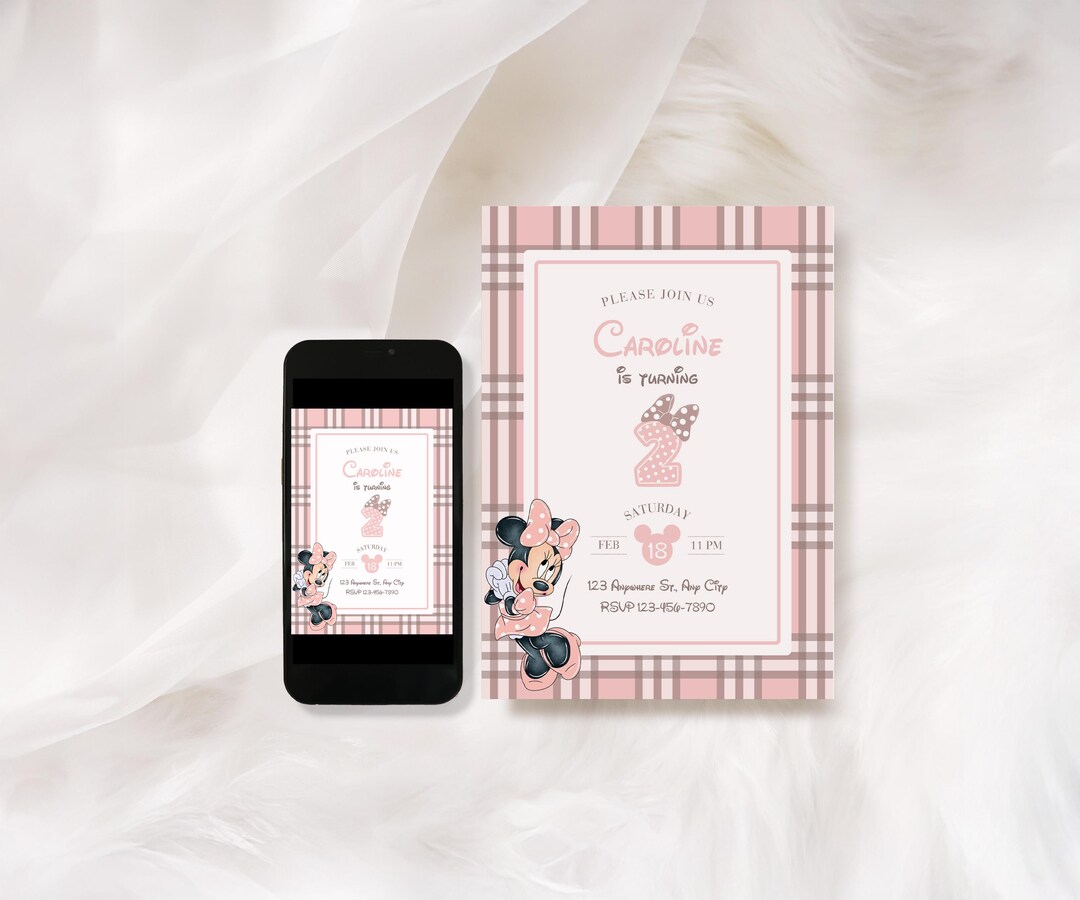 Minnie Mouse Birthday Invitation, Burberry Pink Plaid, Editable Canva ...
