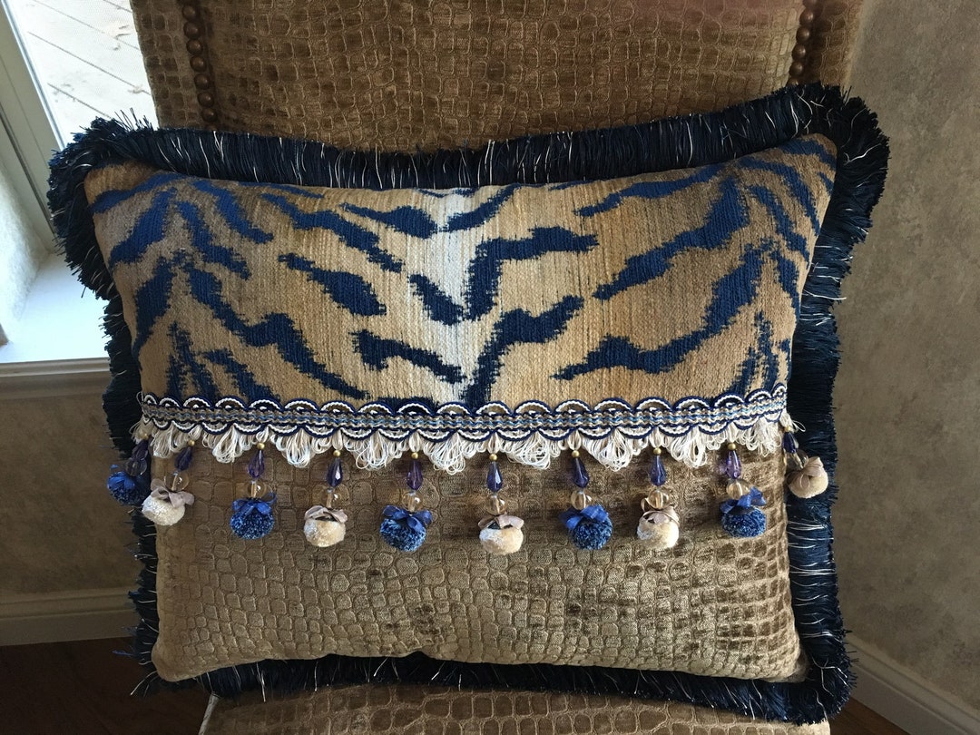 Blue and Caramel Tiger Lumbar Pillow With Beautiful Beaded Trim and ...