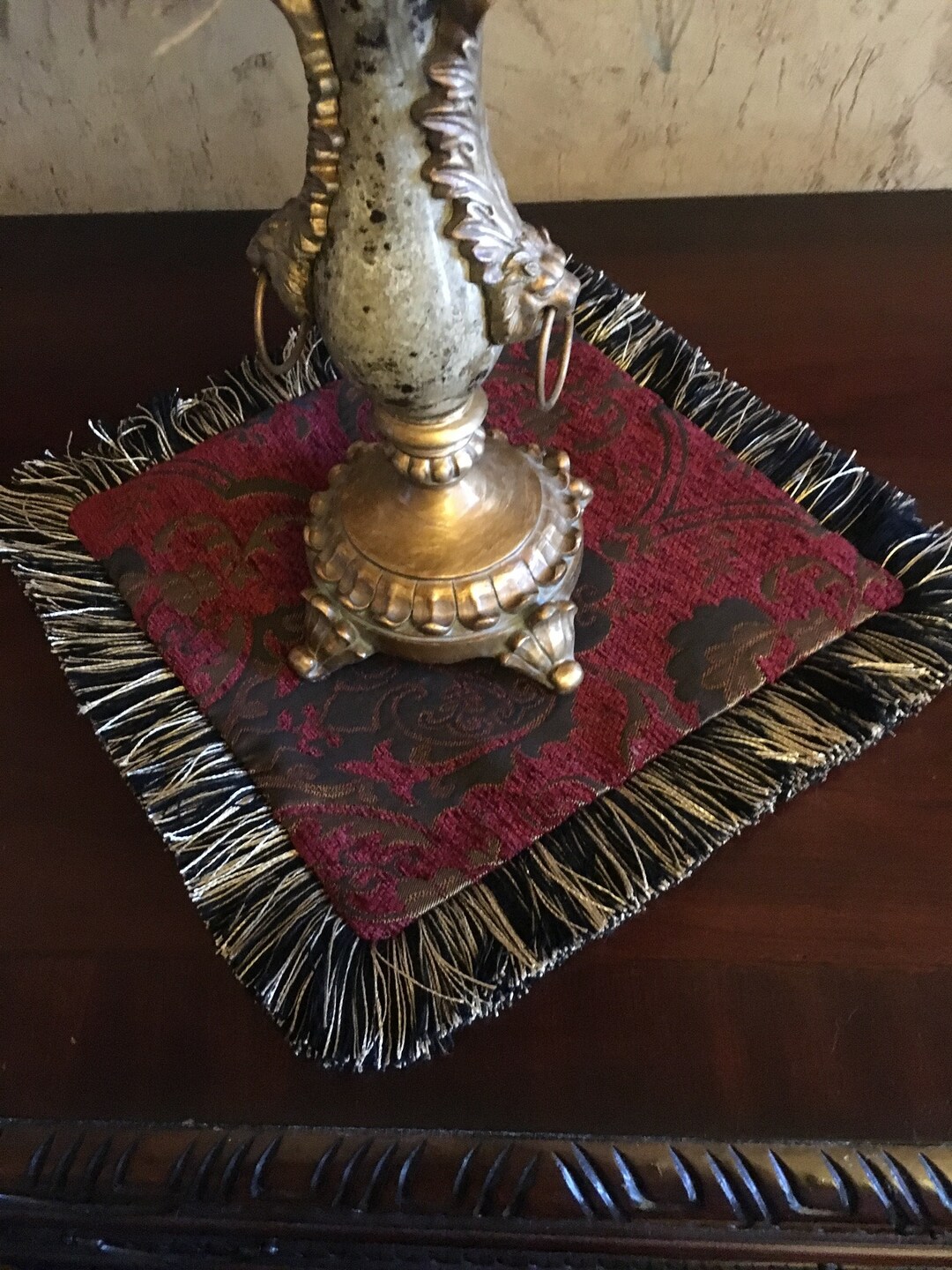 Red Damask Lamp Mat | Red and Gold Table Topper | Custom Handmade ...