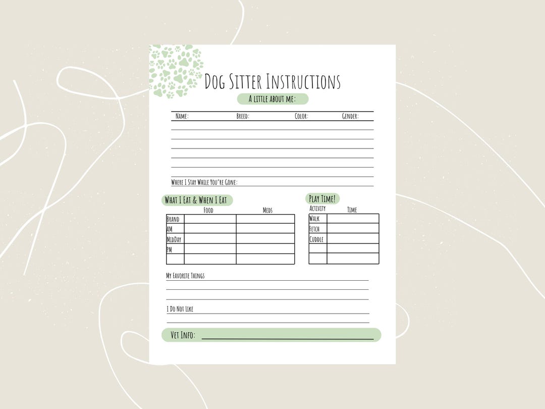 Dog Sitter Instructions Printable | Pet Care Information Sheet | Pet ...
