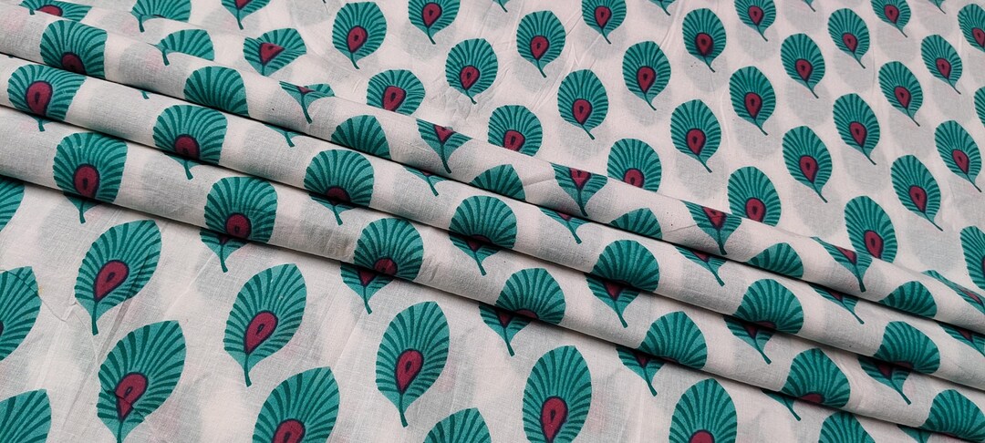 Cotton Peacock Feather Hand Block Print Fabric, Sewing Textiles by the ...
